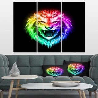 Designart "Colorful Fire Lion" Animal Canvas Art Print - 36x28 - 3 ...