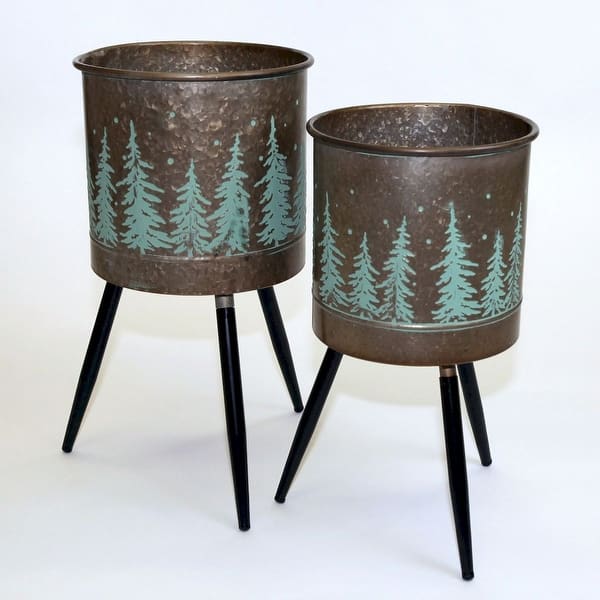 Green Pine Tree Pattern Containers On Tripod Legs Planters (Set Of 2 ...