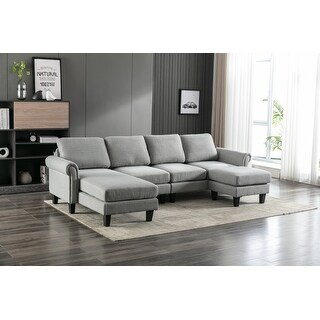 6 Seat U-Shaped Sectional Sofa Set Living Room Linen Accent Sofa with 2 ...