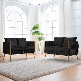 2pcs Black Loveseat Sofa Set Velvet Woven Double Chair Accent Loveseat ...