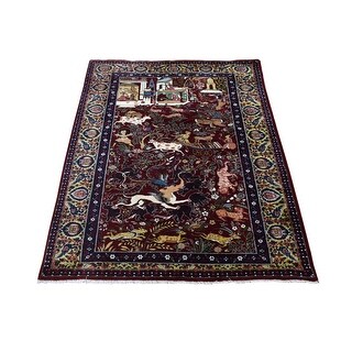 Shahbanu Rugs Burgundy Red Vintage Persian Qom with Hunting Design 300 ...