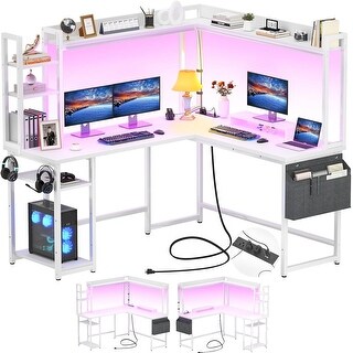 Reversible L-Shaped Gaming Desk with Power Outlet, LED Lights, Monitor ...