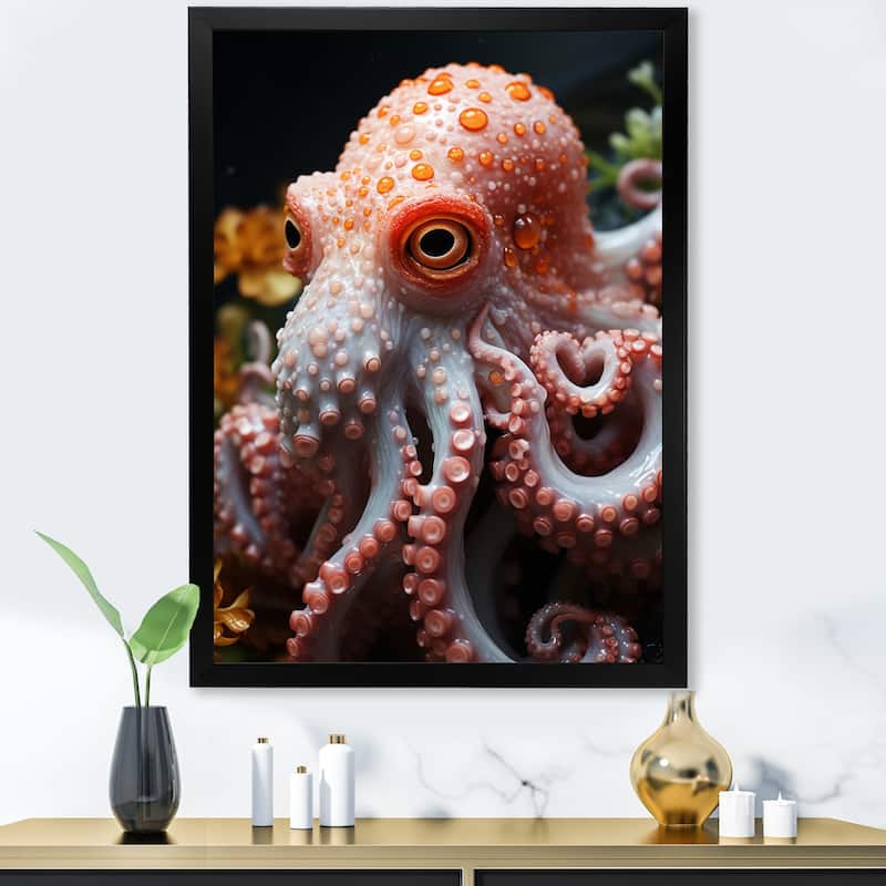 Designart "Coral Octopus Lunar Reflections" Octopus/Squid Framed Canvas ...