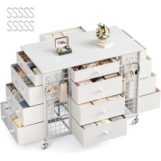 24-Drawer White Rolling Dresser with Wooden Top, Metal Frame & Hooks ...
