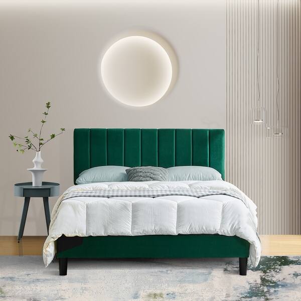Green Platform Bed Frame with Upholstered Headboard Queen Slat Support ...