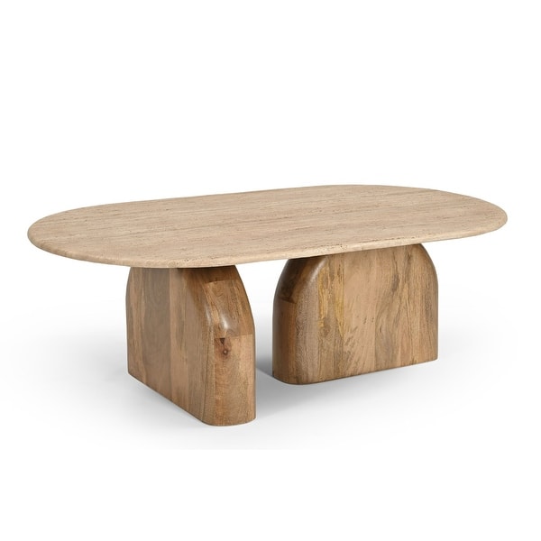Modrest Kellison Modern Travertine Marble & Wood Oval Coffee Table ...