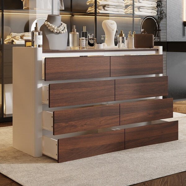 8 Drawer Dresser w Glass Top Pine Wood Frame LED Display Closet Cabinet