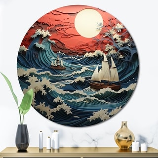 Designart "Japon Coral Waves Papercut II" Japanese Large Metal Circle ...