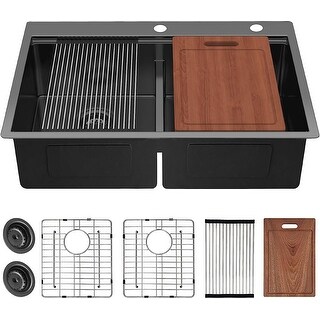 33 Inch Gunmetal Black Topmount Workstation Kitchen Sink 16 Gauge 304 ...