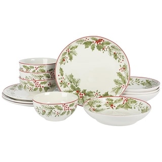 Festive Berries 12 Piece Double Bowl Fine Ceramic Dinnerware Set in ...