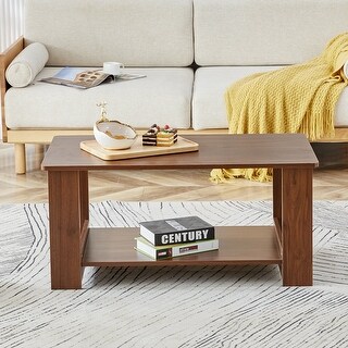 2-Tier Rectangular Coffee Table, Wooden Rounded Edge Living Room Table ...