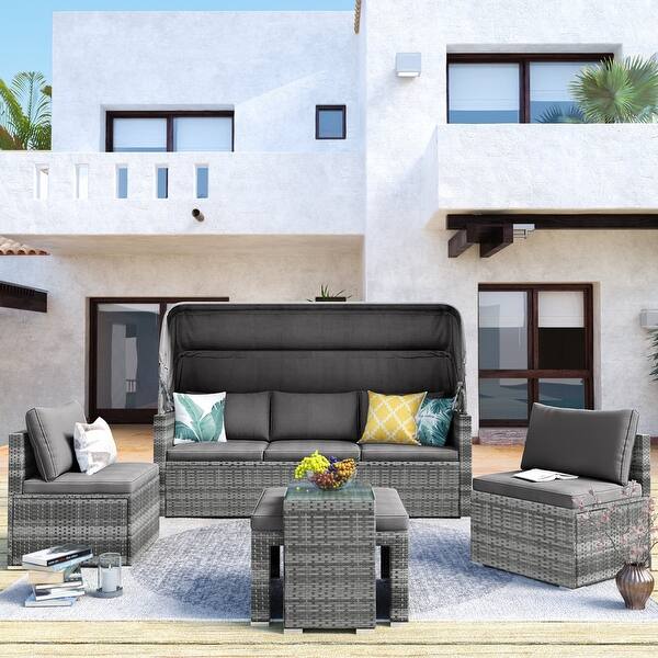 5-Pieces Outdoor Sectional Patio Rattan Sofa Set Rattan Daybed with ...