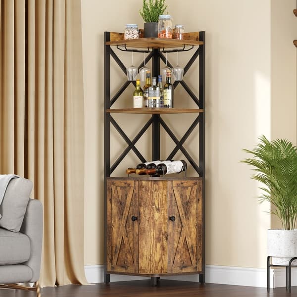 5-Tiers Rustic Wood Liquor Corner Bar Cabinet with Glass & Wine Holder ...