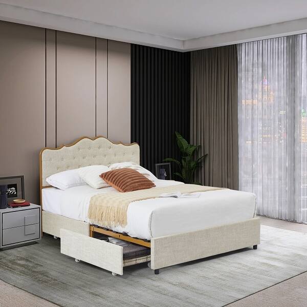 Queen Size Platform Bed, Comfortable Buckle Shaped Headboard with Four ...