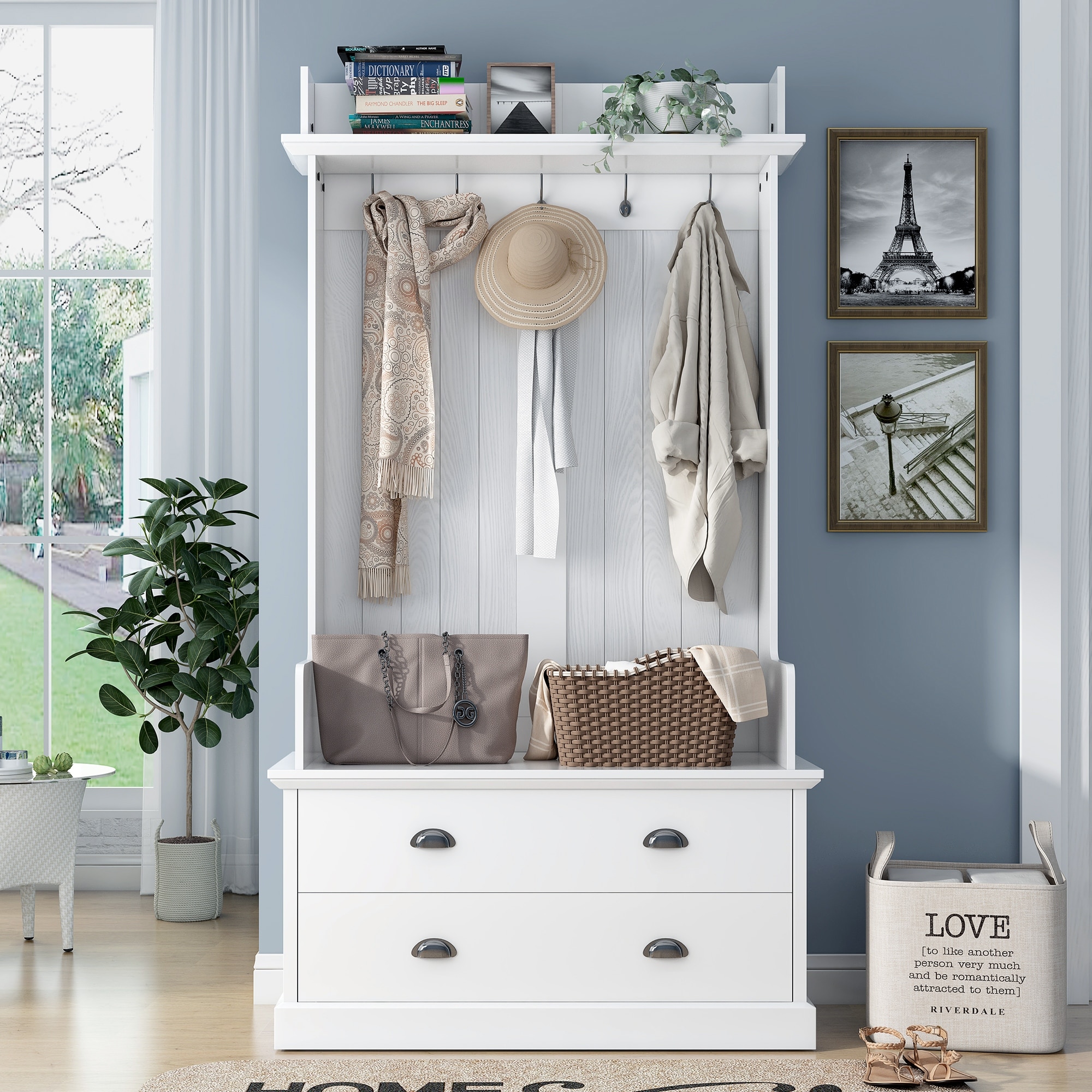 Vintage Wide Coat Rack with Metal Handles Drawers Hall Tree for Hallway ...