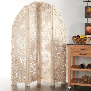White Wood Handmade Foldable Arched Partition 4 Panel Floral Partition ...