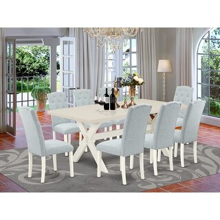 East West Furniture Table Set- a Table with X-Legs and Baby Blue Linen Fabric Upholstered Chairs ...