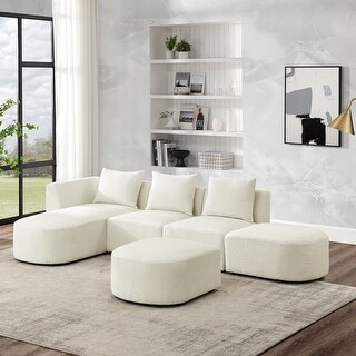 Beige L-Shape Modular Sectional Sofa with Chaise, Ottoman, 3 Pillows ...