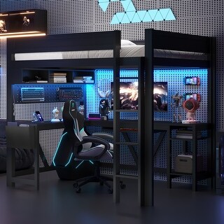 Full Size Wood Gaming Loft Bed with Desk, Storage Shelves, LED and ...