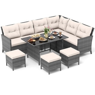 Costway 7 PCS Patio Dining Furniture Set PE Rattan Sectional Sofa Set ...