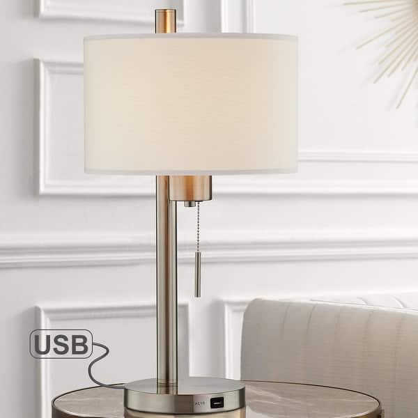 23 in. Brushed Nickel Modern Table Lamp with USB Port and White Linen ...