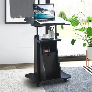Standing Desk Mobile Podium Cart w/Tilt Desktop & Door Cabinet - Bed ...