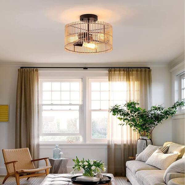3 light semi flush mount ceiling light fixture rust rattan ceiling lamp ...