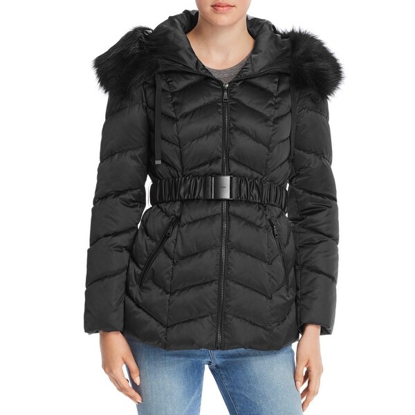 Shop T Tahari Women's Leon Faux Fur Trim Hood Belted Coat Short Jacket ...