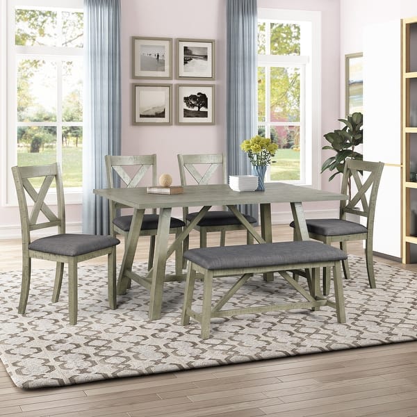 Gray Wood Dining Table Kitchen Set with Table Bench Chairs (Set of 6 ...