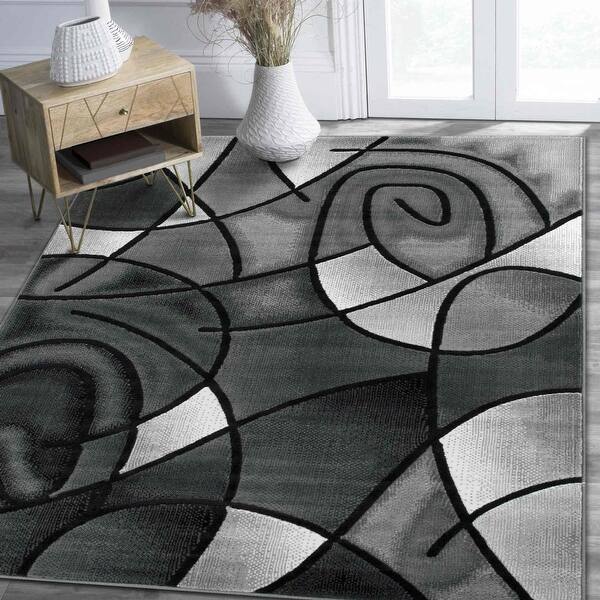 HR Grey, Silver, Black Abstract Rug Contemporary Circles Wavey Swirls ...
