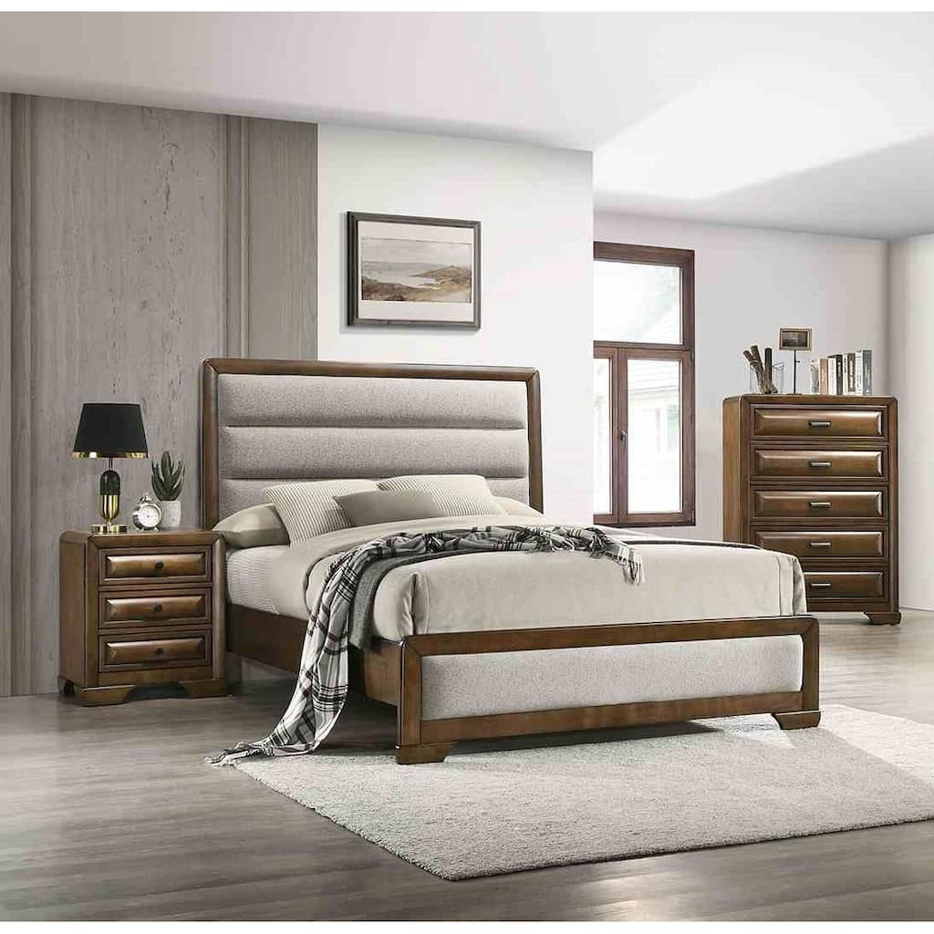 Classic Brown Finish Upholstered Bed Nightstand Chest Bedroom Set ...