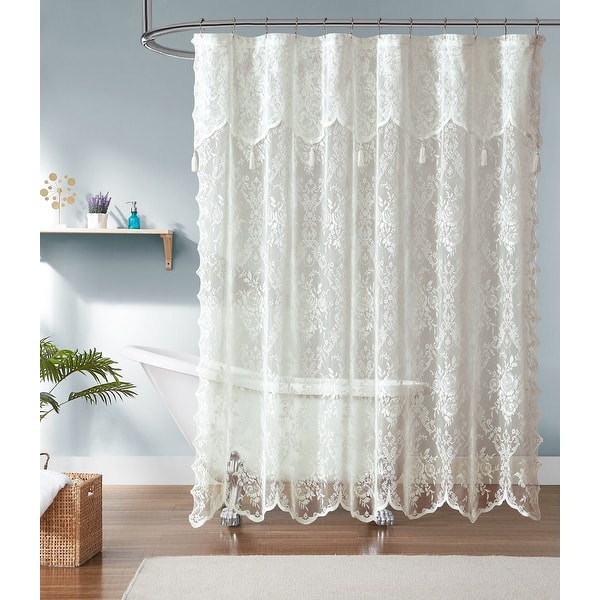 WARM HOME DESIGNS Lace Shower Curtain with Attached Valance & 7 Tassels ...