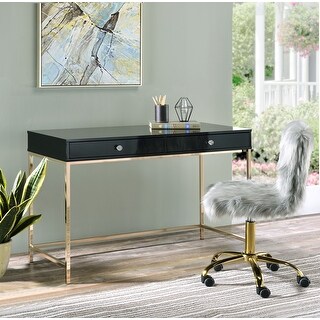 Writing Desk with High Gloss & Gold Finish, 2 Storage Drawers, Metal ...