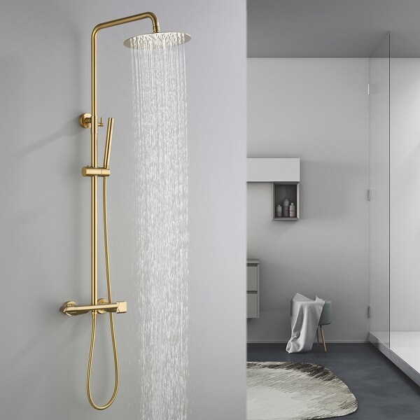 10 Wall Exposed Install Height Angle Adjustable Complete Shower System w Rainfall Shower Head and Handle in Luxury Gold On Sale Bed Bath Beyond 36274086