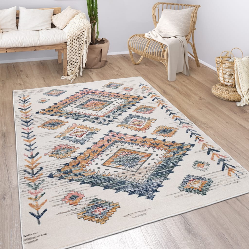 Modern Rug Ethnic Design with large colorful Boho pattern in cream ...