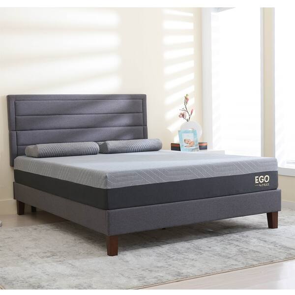 Bed Frame Upholstered Platform Full Headboad Wood Slat Support Grey ...
