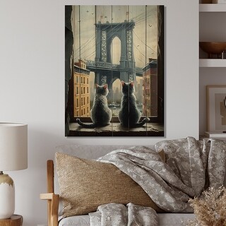 Designart 'Two Cats In The City II' Animals Cat Wood Wall Art - Natural ...