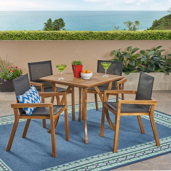 Chaucer Outdoor 4-Seater Square Acacia Wood Mesh Seats Dining Set by Christopher Knight Home ...
