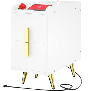 Narrow Nightstand with Charging Station, Slim Night Stand with Smooth ...