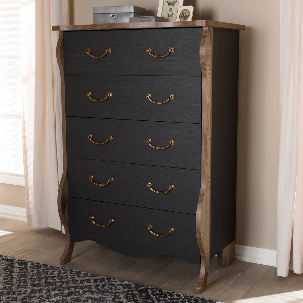 Romilly Country Cottage Farmhouse Black and Oak-Finished Wood 5-Drawer ...