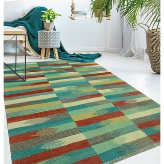 Hand-Woven Winchester Kilim Jory Green/Turquoise Rug - 5'0" x 6'5 ...