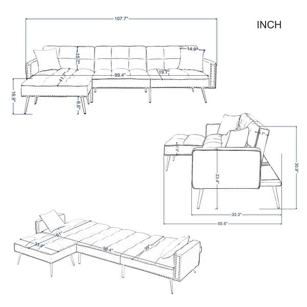 Adjustable Backrest Sectional Sofa Set Velvet L-shape Sleeper Couch Bed ...