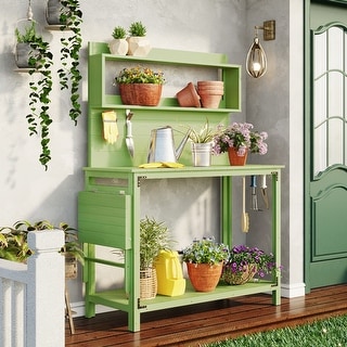 Nestfair Wooden Garden Potting Table with Side Hook and Foldable Side ...