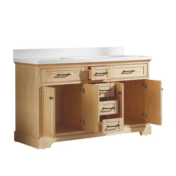 Avila 60 inch wood veneer double sink vanity with marble and ceramic ...