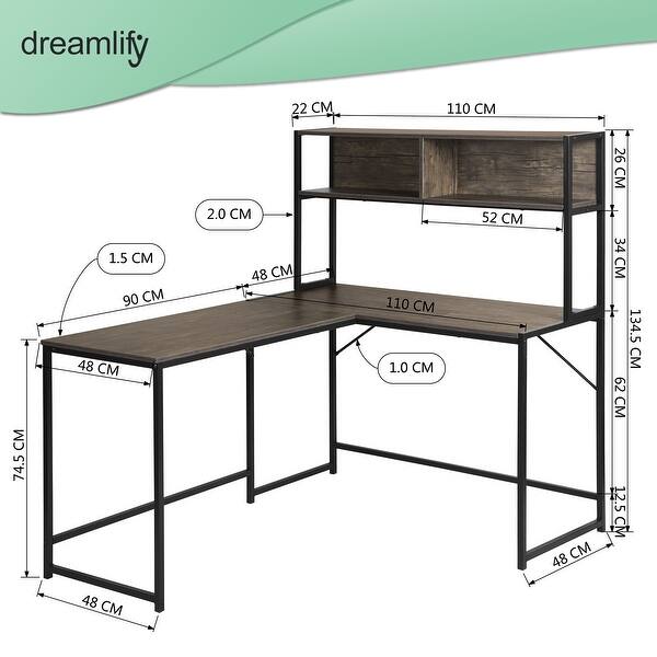54" L Shaped Desk Computer Desk with Shelves Industrial Style, Brown ...