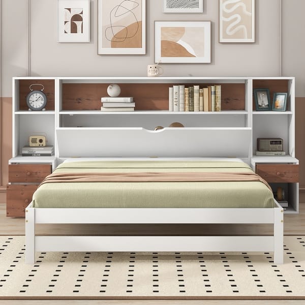 Brown White Storage Bookcase Bed Frame with 2 Side Nightstands, Storage ...