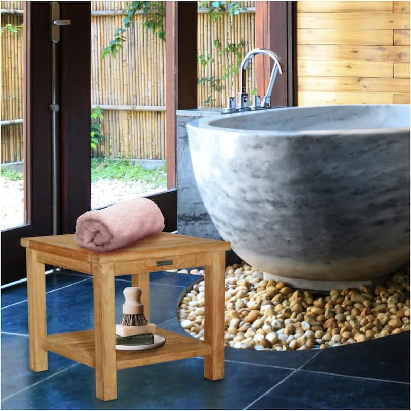 Teak Wood Bermuda Bathroom Shower Stool, Large - Overstock - 36557325