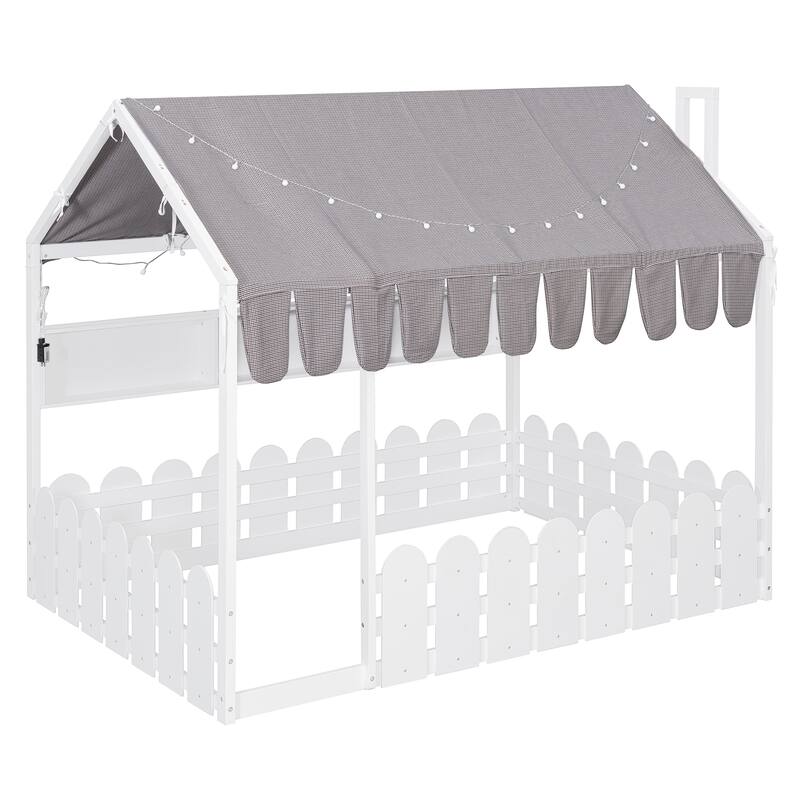 Roomfitters Full Wood Montessori House Bed, Fabric Tent & String Lights ...