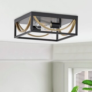 Farmhouse 2-Light Black & Gold Square Flush Mount Ceiling Light Fixture ...