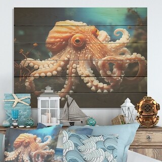 Designart "Octopus Contemporary Undersea" Octopus/Squid Wood Wall Decor ...